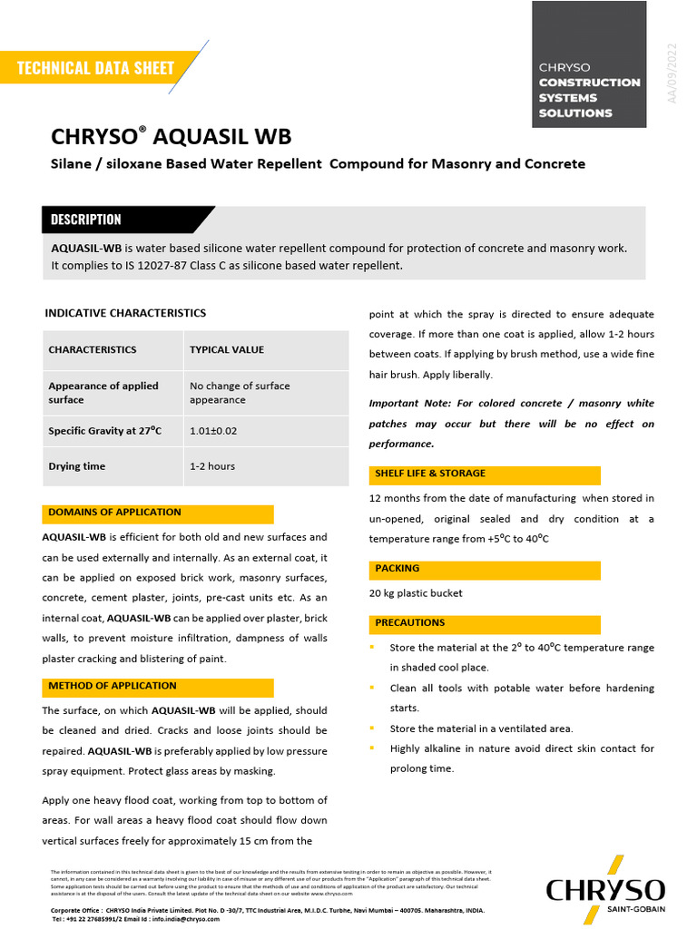 TDS CHRYSO AQUASIL WB | PDF | Concrete | Plaster