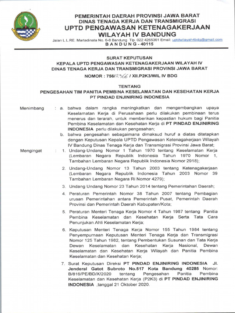 Surat Keputusan Kepala UPTD Pengesahan Tim Panitian K3 | PDF