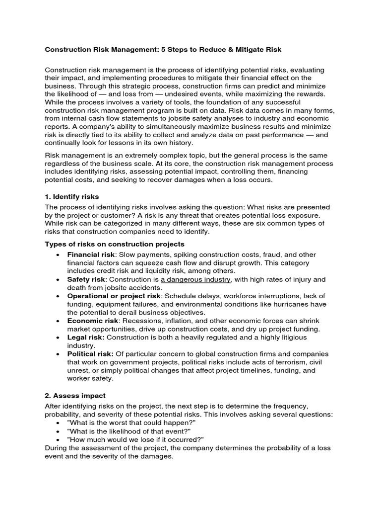 Construction Risk Management 5 Steps To Reduce & Mitigate Ri | PDF