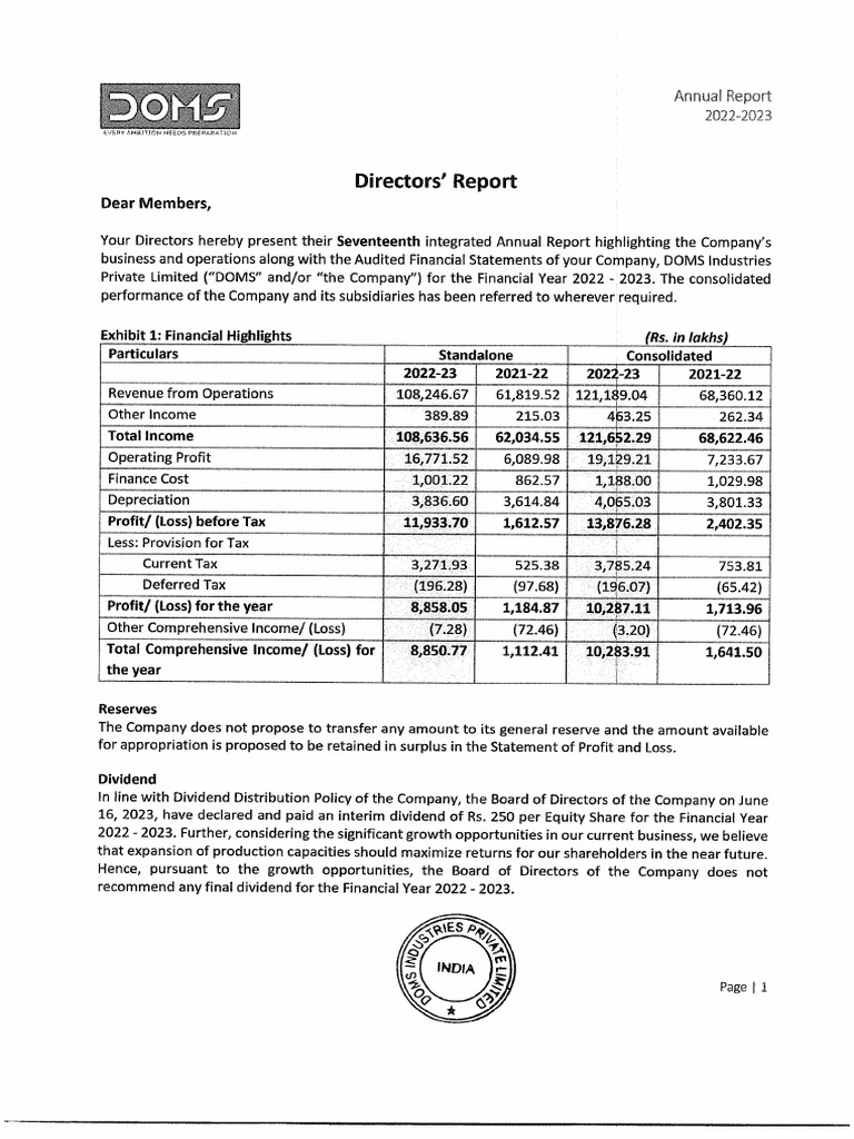 DOMS Annual Report Mar 2023 | PDF