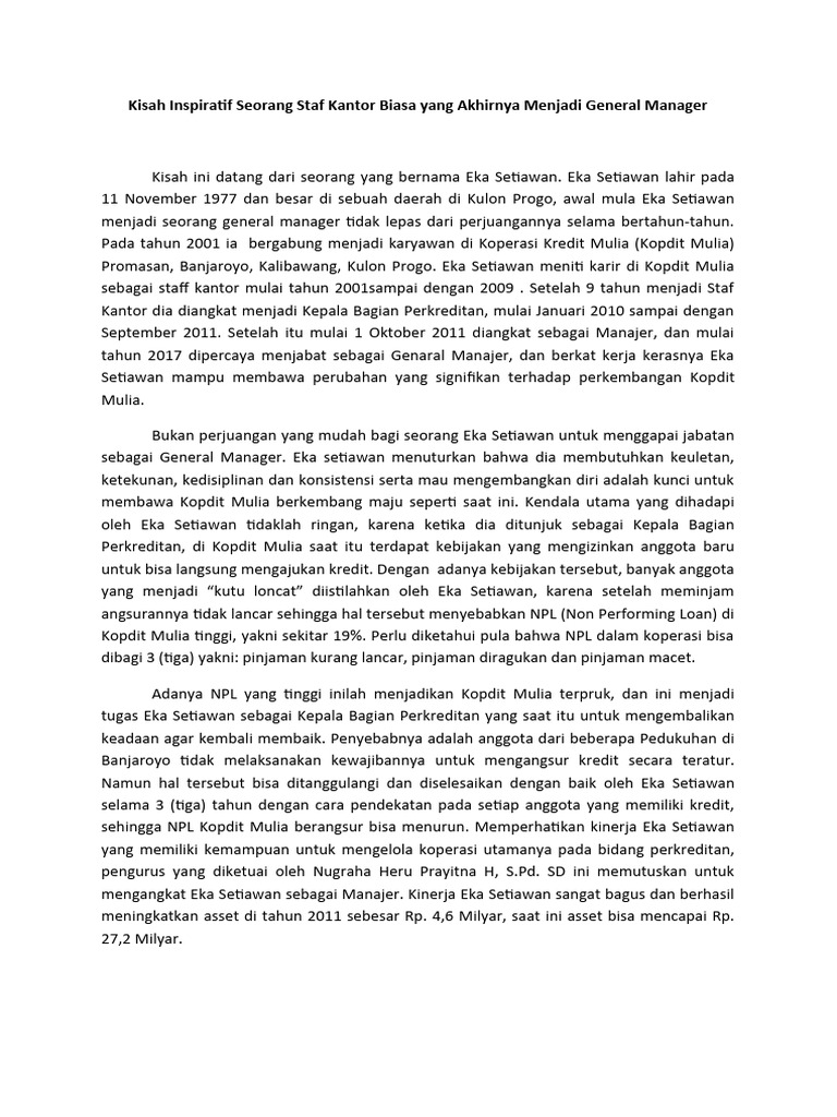 Kisah Inspiratif Seorang Staf Kantor Biasa Yang Akhirnya Menjadi General Manager | PDF