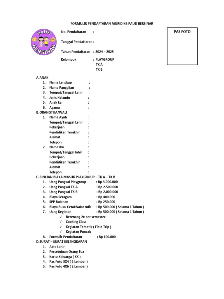 Formulir Pendaftaran KB Paud Bersinar | PDF Formulir Pendaftaran KB Paud Bersinar | PDF