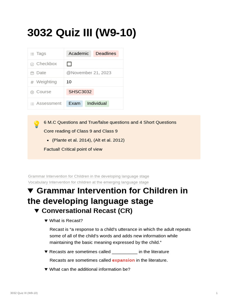3032 Quiz III (W9-10) | PDF | Communication | Child Development