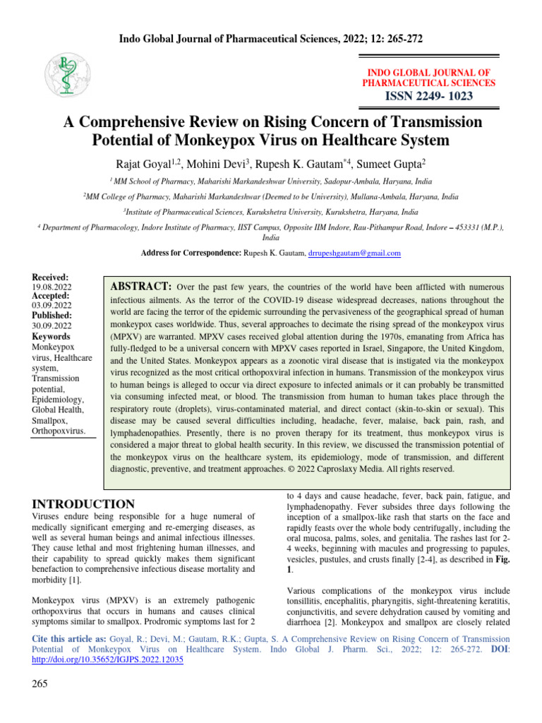 A Comprehensive Review On Rising Concern of Transmission Potential of Monkeypox Virus On ...