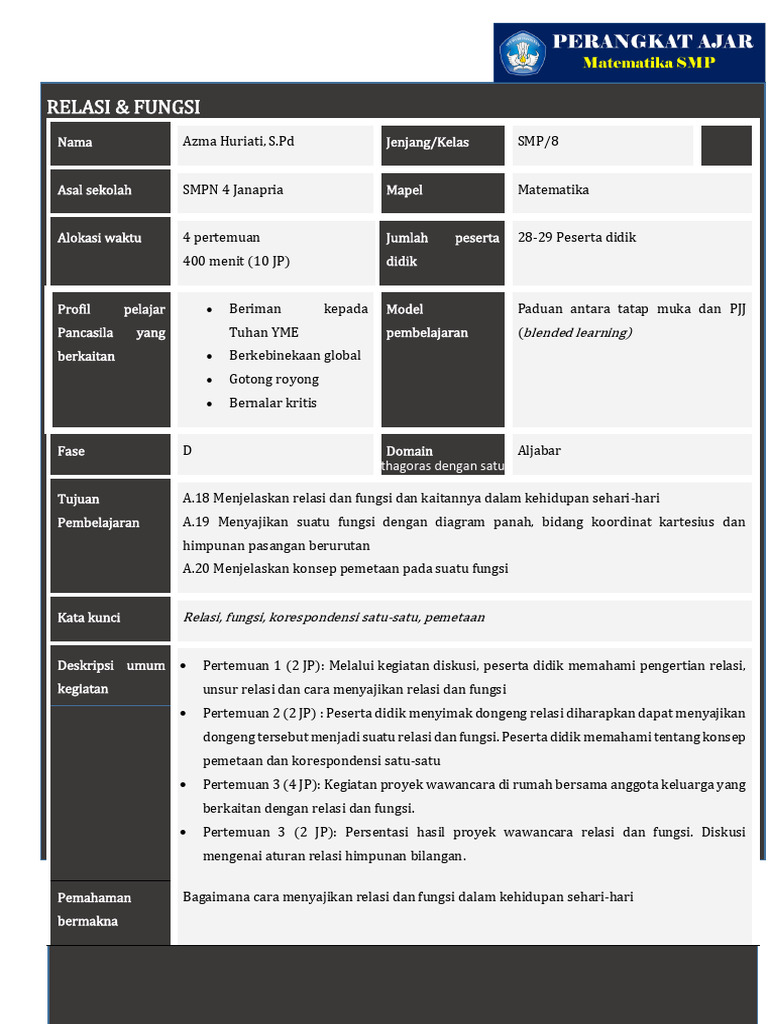 8 Modul Ajar Mtk Kelas 8 Relasi Fungsi Pdf