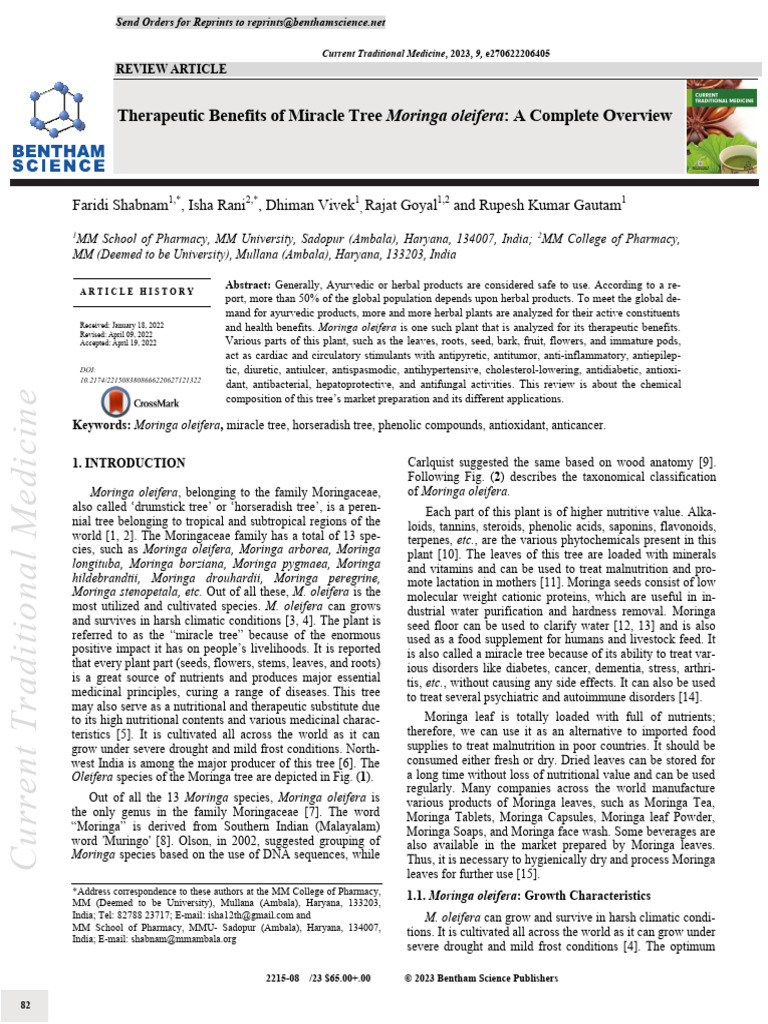 Therapeutic Benefits of Miracle Tree Moringa oleifera: A Complete Overview | PDF
