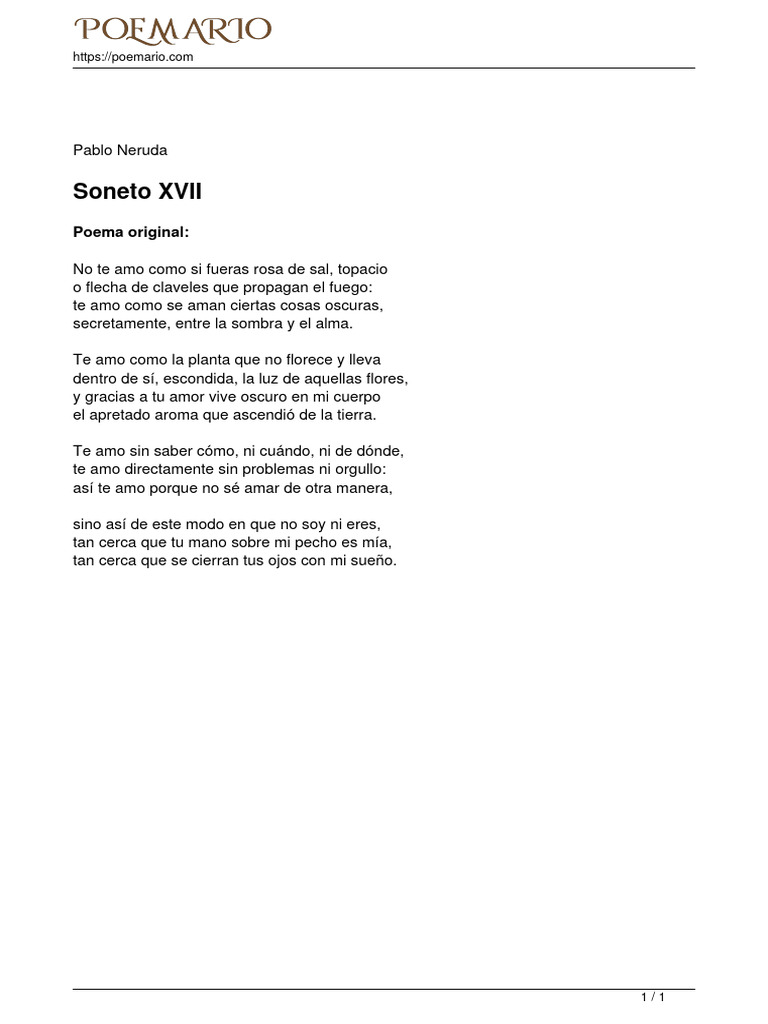 Soneto XVII de Neruda: Amor Profundo | PDF