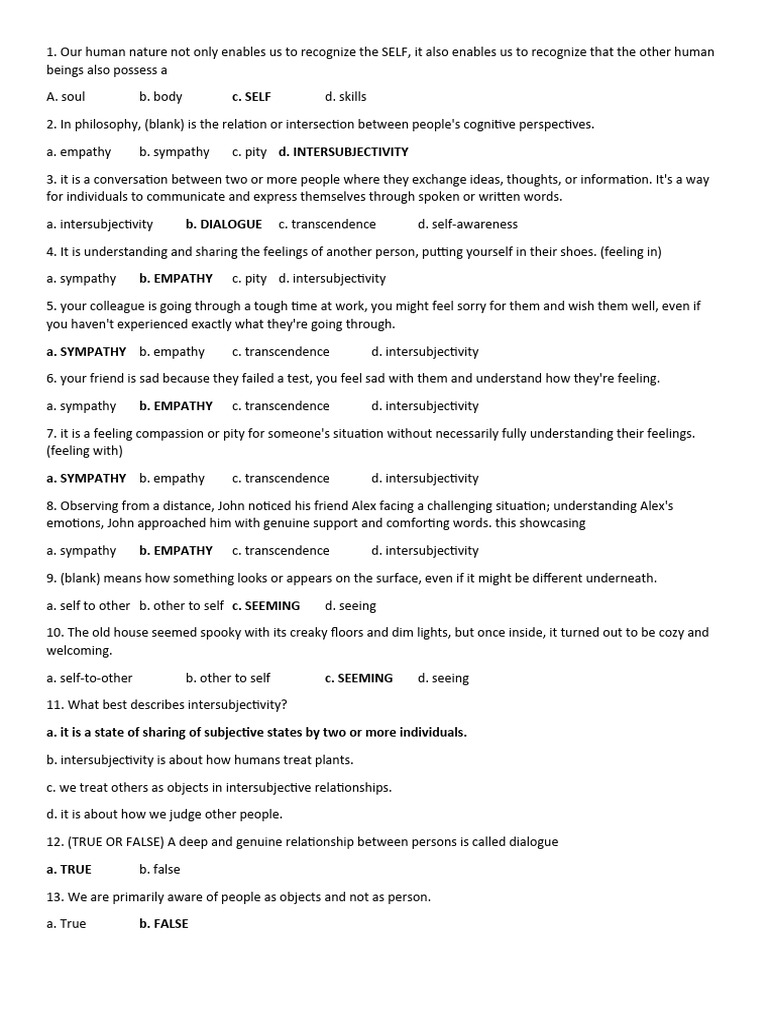 Intersubjectivity Quiz | PDF | Sympathy | Empathy