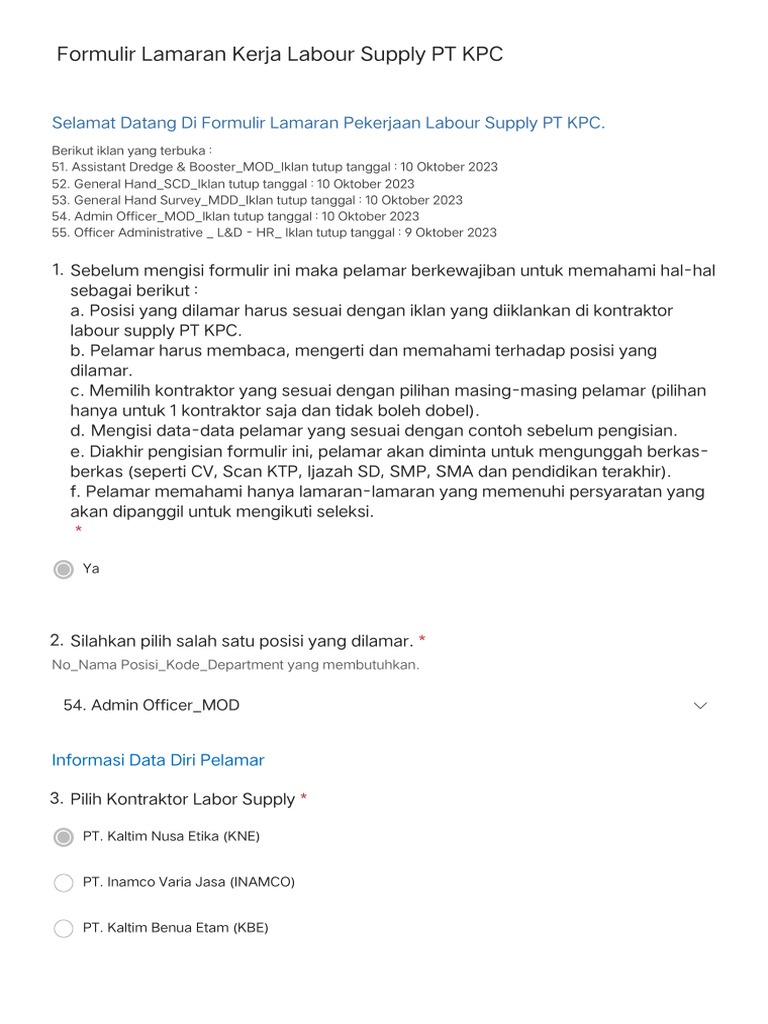 Formulir Lamaran Kerja Labour Supply PT KPC | PDF