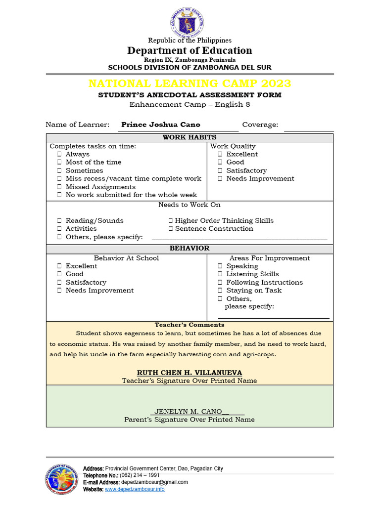 NLC Anecdotal Record Prince Joshua Cano | PDF