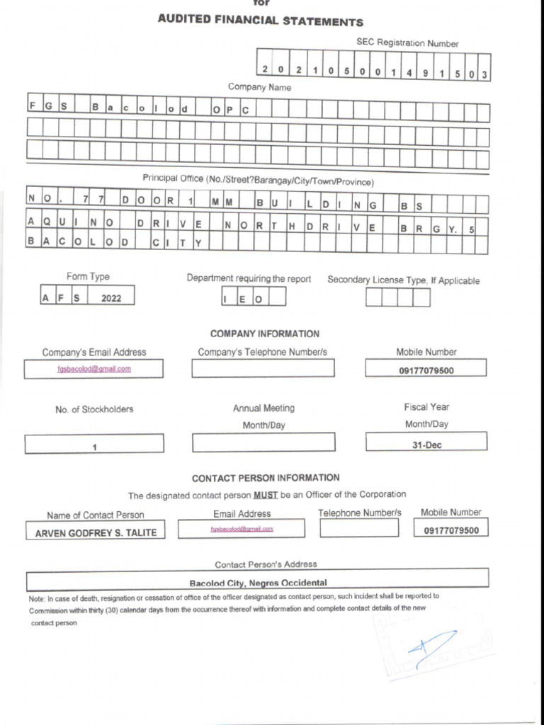 Fgs Bacolod Opc Audited Finqancial Statement May 10 2023 | PDF
