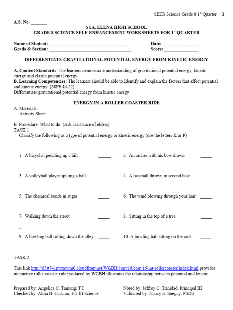 Act Sheet On Differentiate Gravitational Potential Energy From Kinetic ...