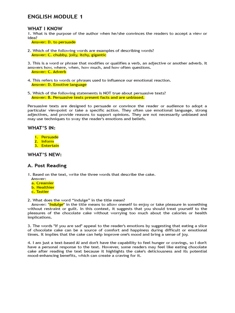 ENGLISH MODULE 5 Answers | Download Free PDF | Verb | Adverb