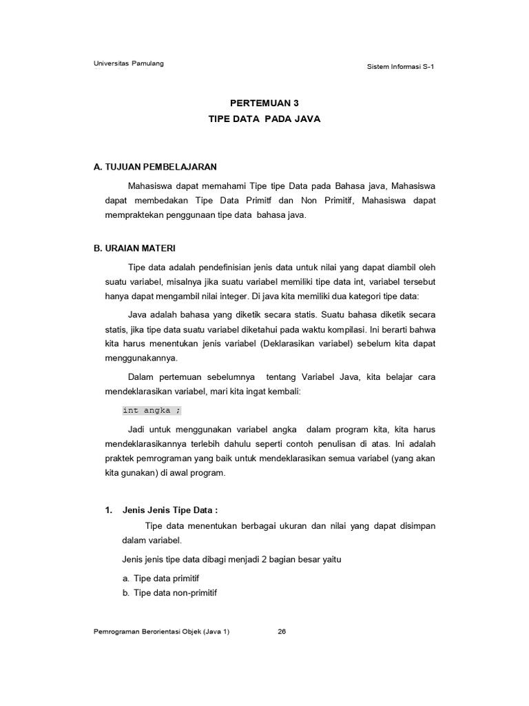 Tipe Data dalam Pemrograman Java | PDF