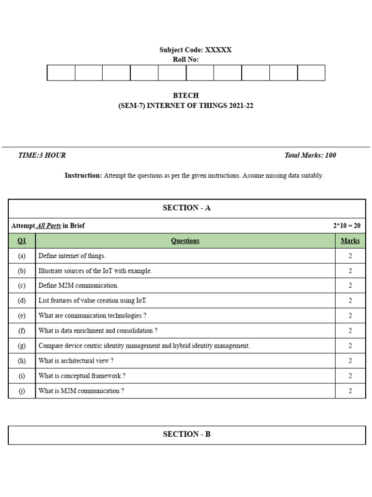 IoT Question Paper for BTech Sem-7 | PDF | Internet Of Things | Data ...