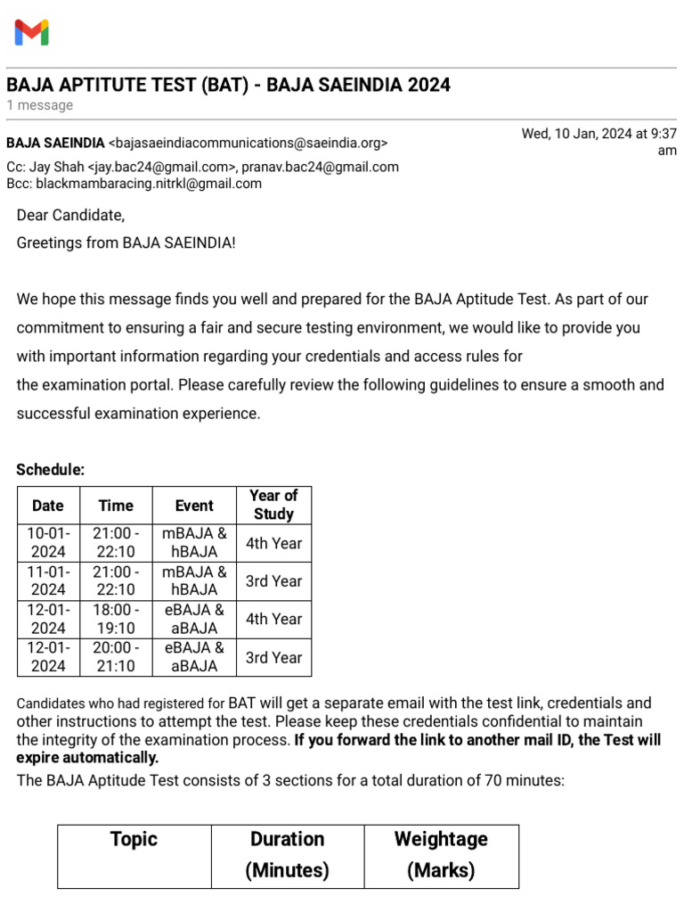 BAJA Aptitude Test Guidelines 2024 | PDF | Computing