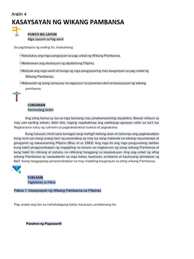 Aralin 4 KASAYSAYAN NG WIKANG PAMBANSA | PDF