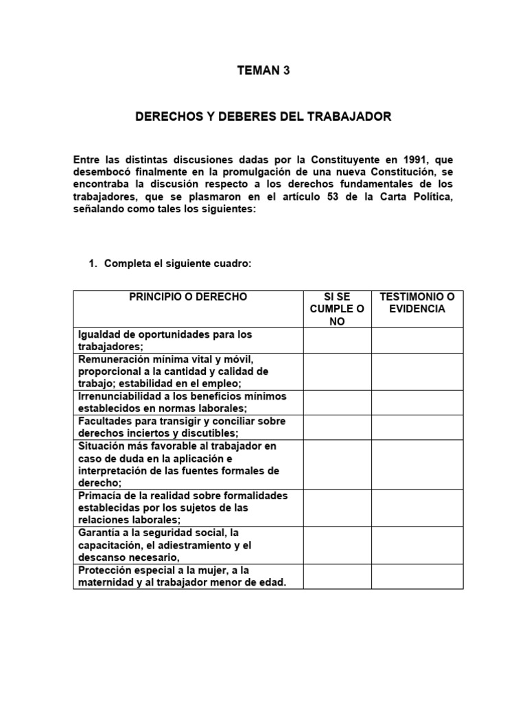 Tema N. 3 Grado 9 - 2 Periodo Derechos y Deberes Del Trabajador | PDF