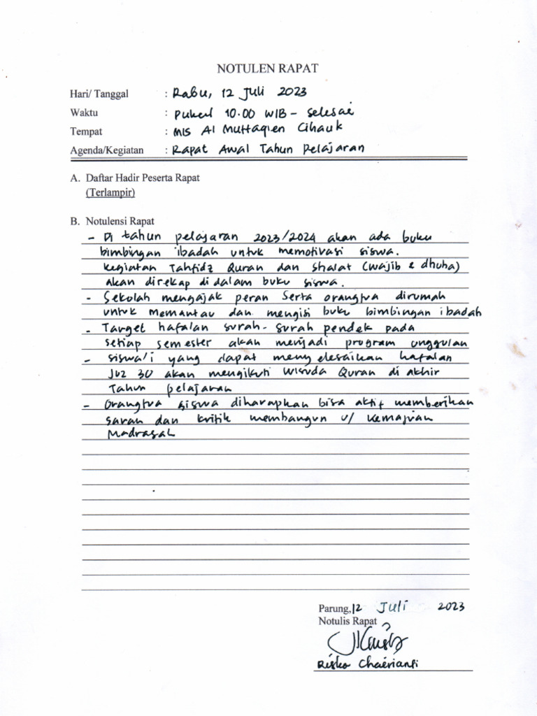 A.7.2 Notulensi Rapat Pertemuan Guru Dengan Orangtua Siswa | PDF