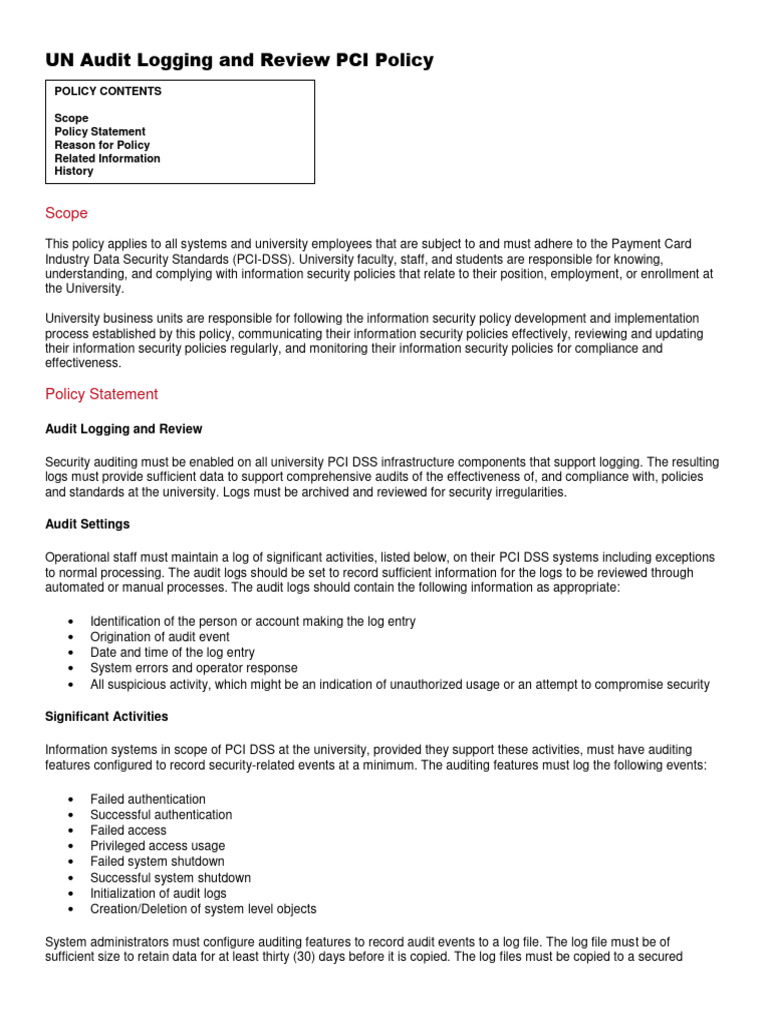 UN Audit Logging and Review PCI Policy - 0 | PDF