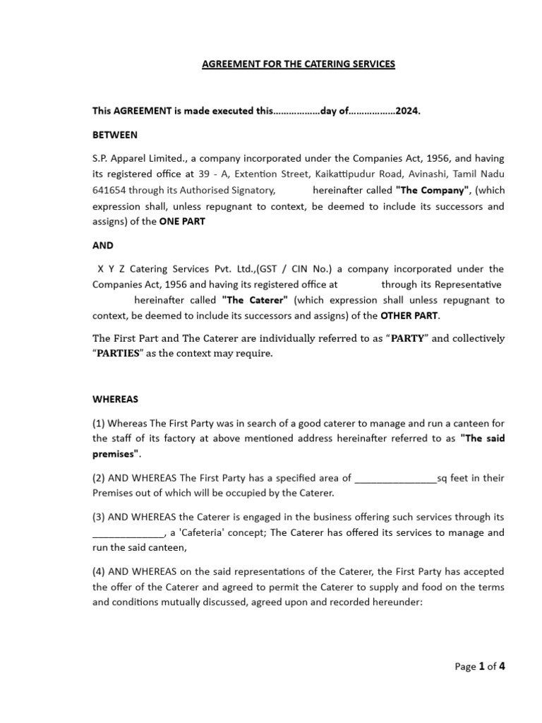 Agreement For Catering Draft | PDF | Cafeteria | Arbitration