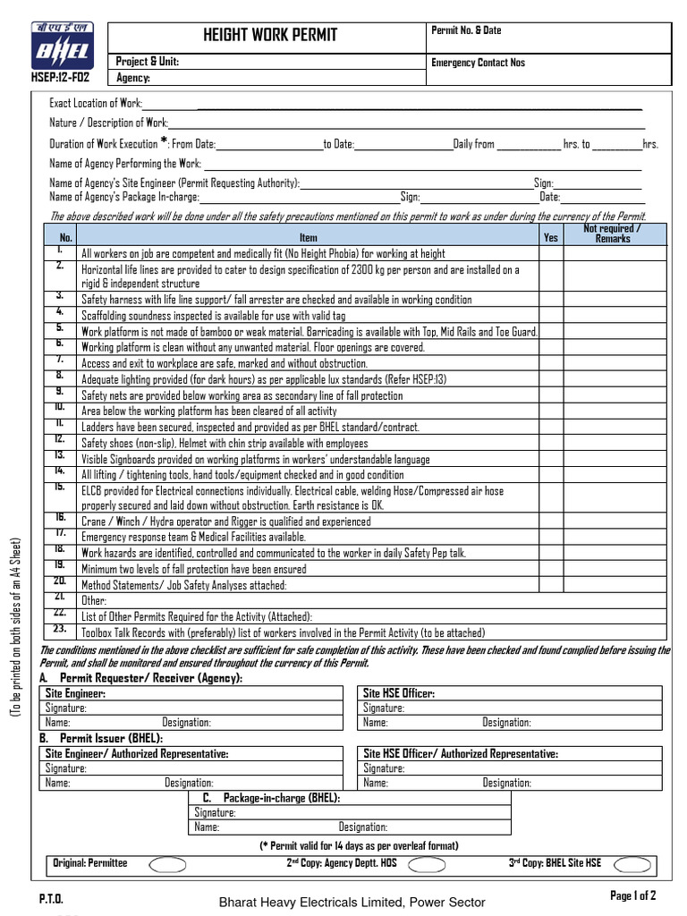 HSEP12F02 - Height Work Permit | PDF | Occupational Safety And Health ...