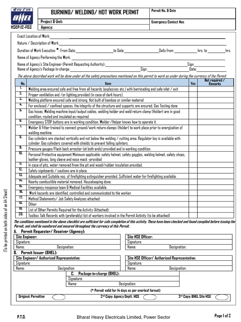 HSEP12F03 - Hot Work Permit | PDF