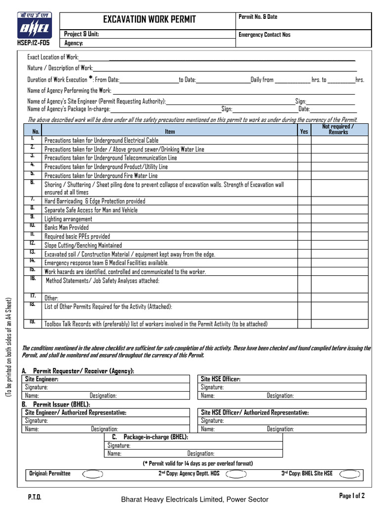 HSEP12F05 - Excavation Permit | PDF