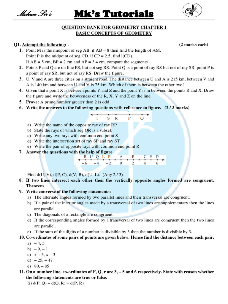 Geometry Chapter 1 Question Bank | PDF | Mathematics | Elementary Mathematics