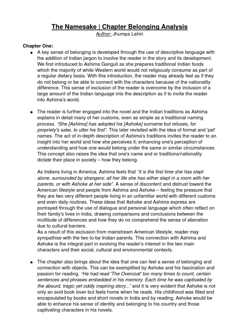 The Namesake: Belonging in Chapters 1-2 | PDF | Curiosity | Narration
