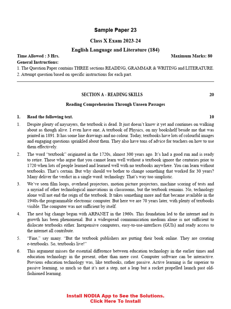 EN Sample Paper 23 Unsolved-1 | PDF | Educational Technology | Endangered Species