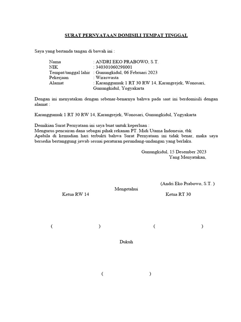 Surat Pernyataan Domisili Tempat Tinggal 2184 | PDF Surat Pernyataan Domisili Tempat Tinggal 2184 | PDF
