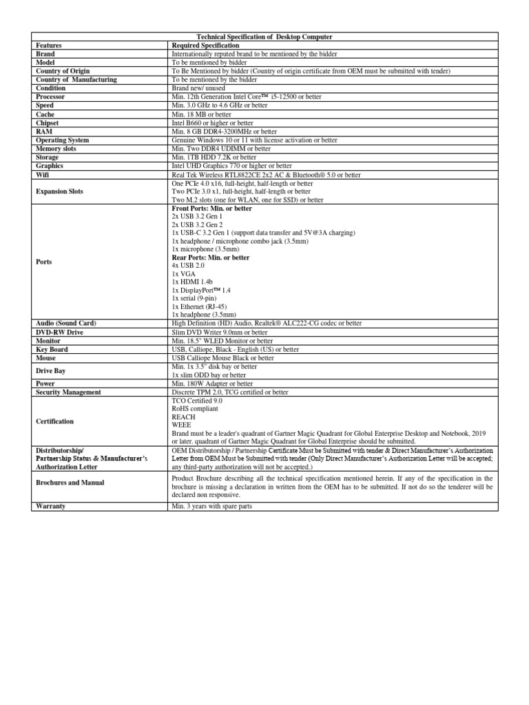 Technical Specification of Desktop 23-24 | PDF