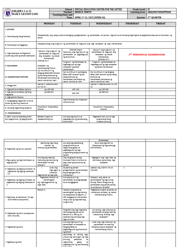 DLL - Araling Panlipunan 4 - Q3 - W10 | PDF
