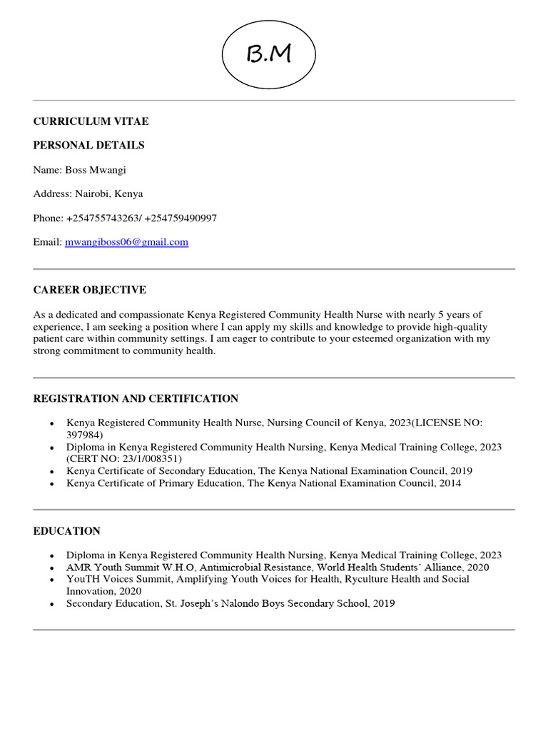 Kenya Registered Community Health Nurse CV | PDF
