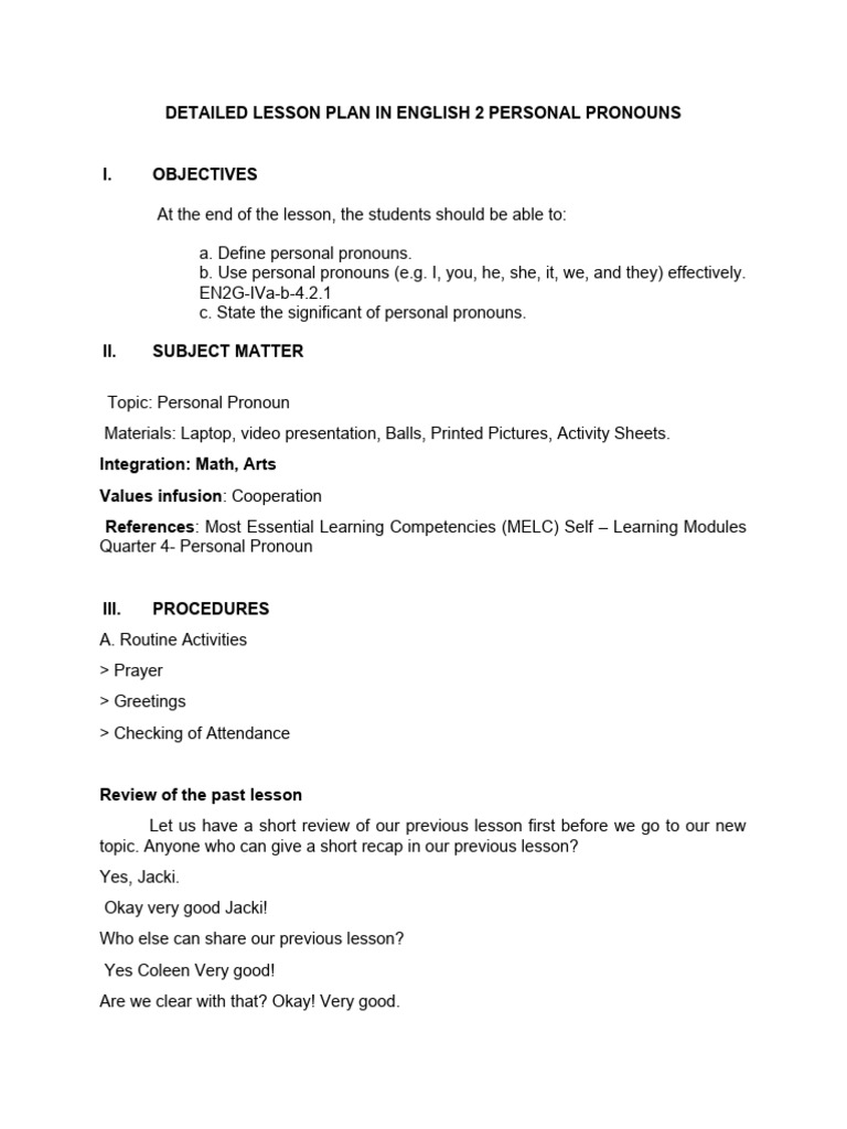 Detailed Lesson Plan in English 2 Personal Pronouns | PDF