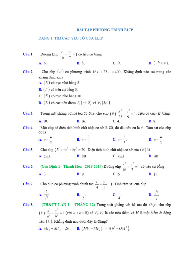 BÀI TẬP PHƯƠNG TRÌNH ELIP | PDF