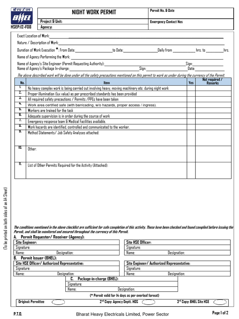 HSEP12F08 - Night Work Permit | PDF