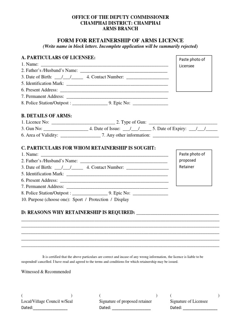 Arms Licence Retainership Application Form | PDF | License | Justice
