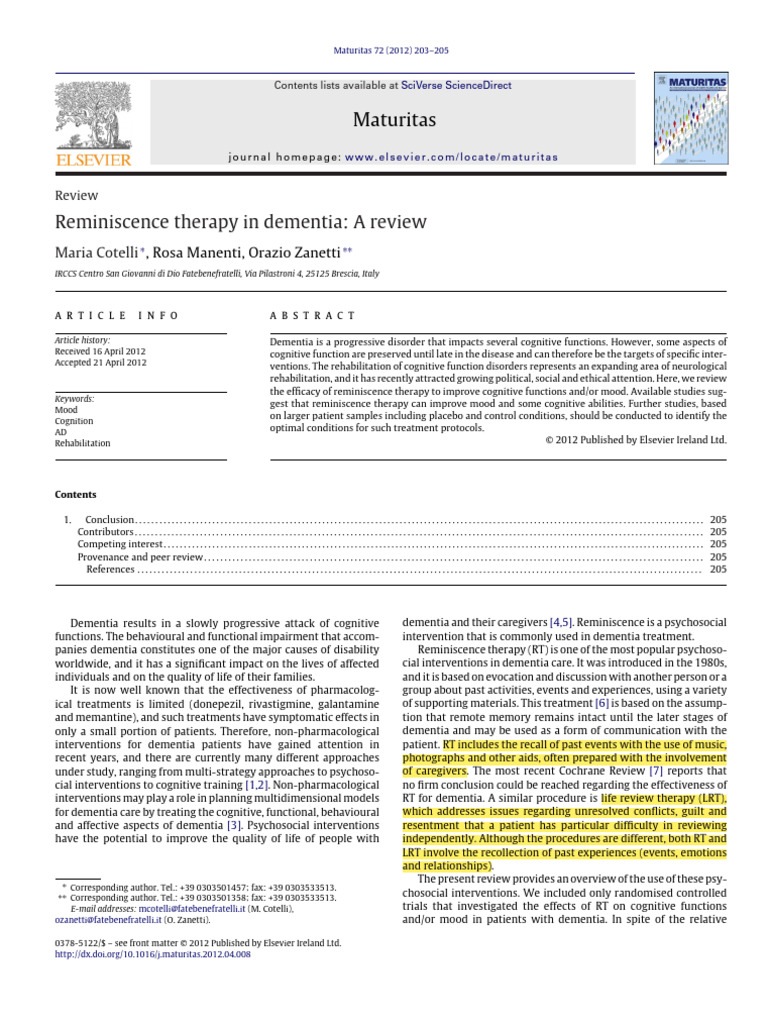 Reminiscence Therapy Overview | PDF