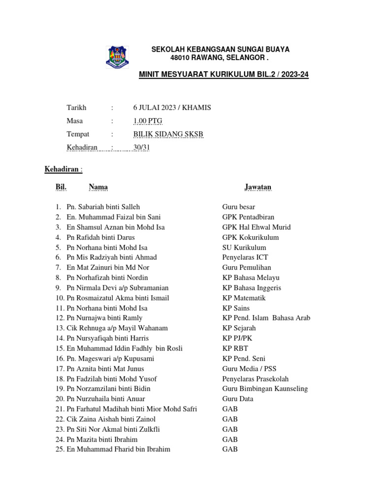 MINIT MESY KURI BIL 2 2023-24 | PDF