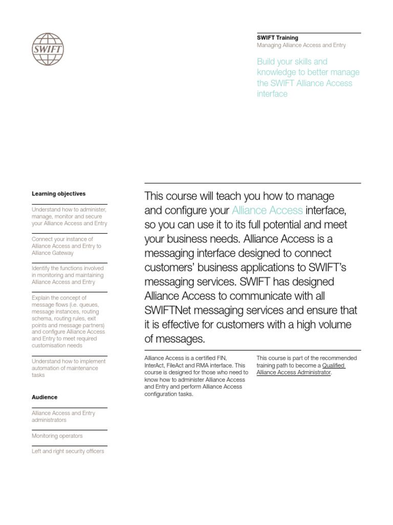 Swift Training Managing-Alliance-Access-And-Entry 57523 v3 | PDF ... Swift Training Managing-Alliance-Access-And-Entry 57523 v3 | PDF ...