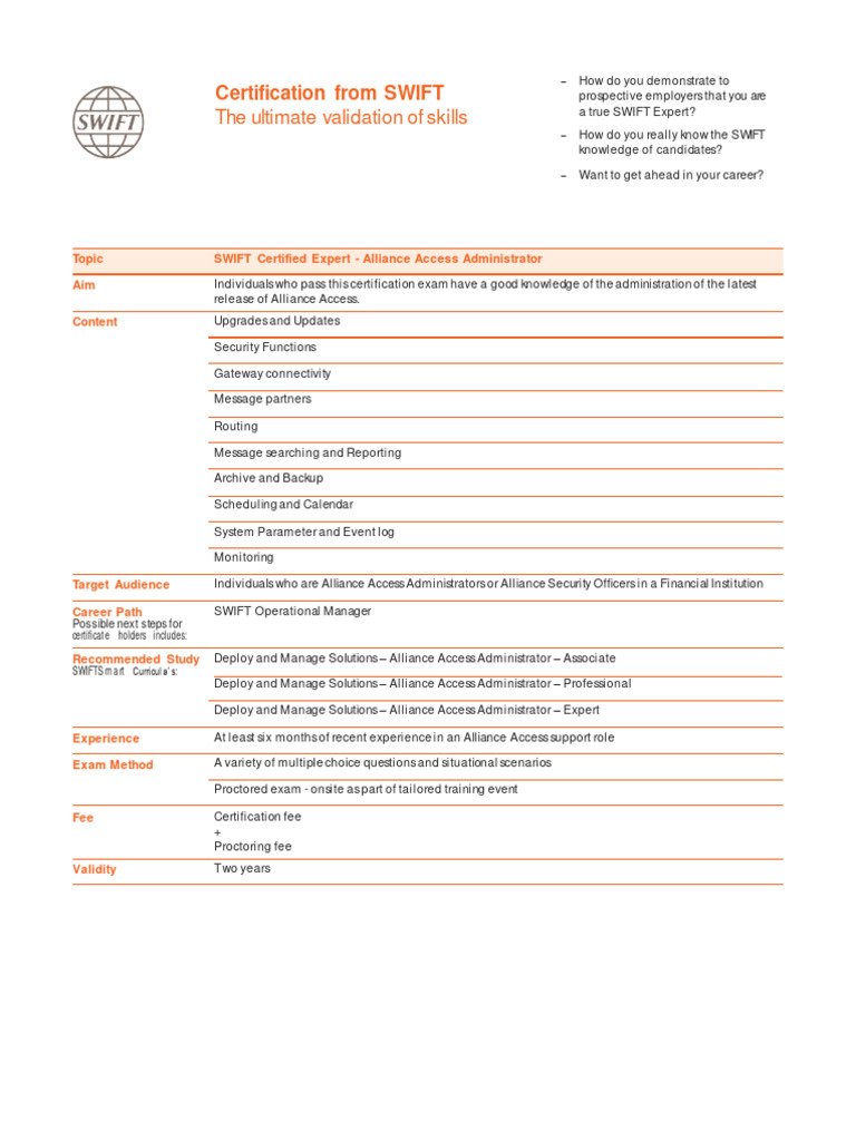 Swift Certification Summary Alliance Access Administrator | PDF