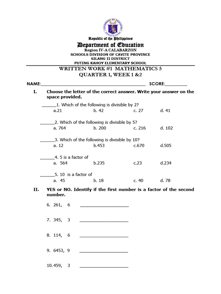 WRITTEN-WORK1-MATH5 for Grade 5 | PDF | Mathematics