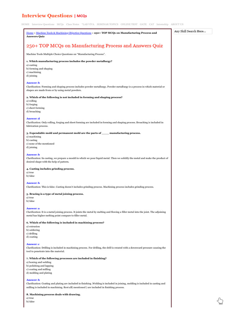 Manufacturing Process MCQs and Answers | PDF | Grinding (Abrasive Cutting) | Metals