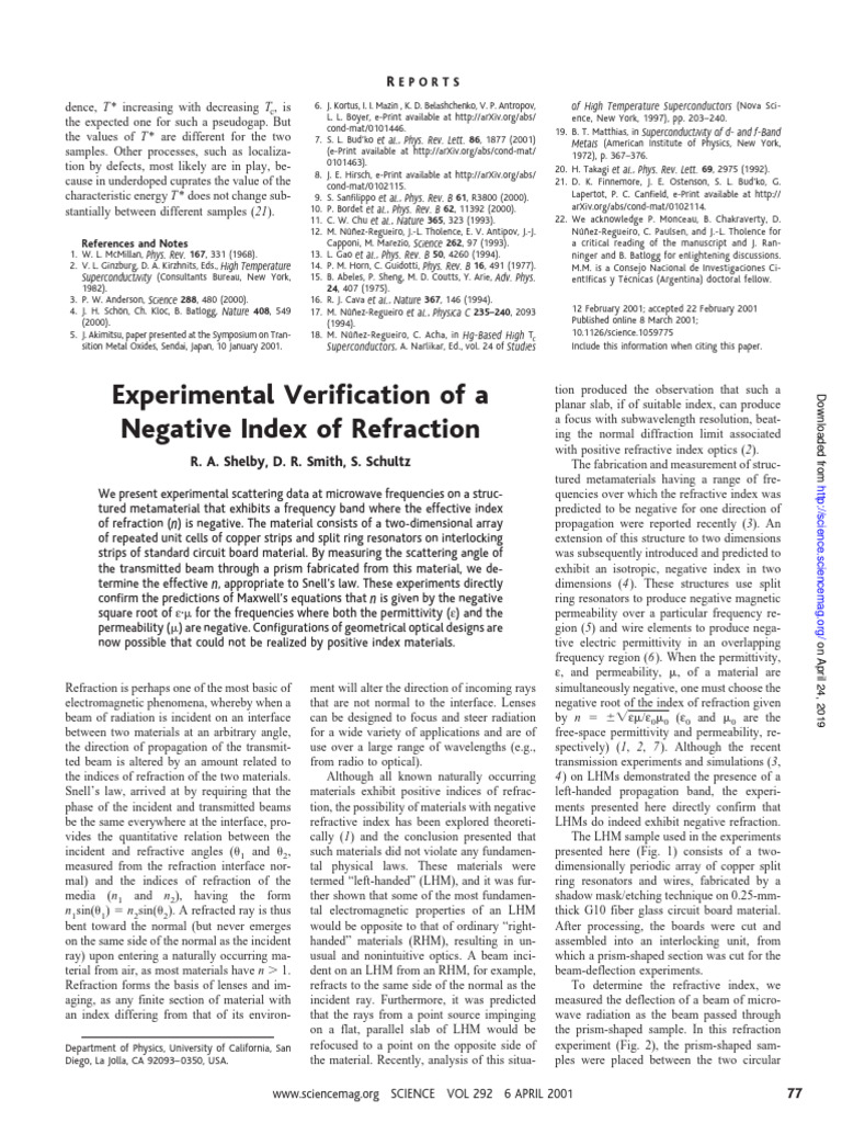 O2 Shelby Science2001 Negative Index of Refraction | PDF
