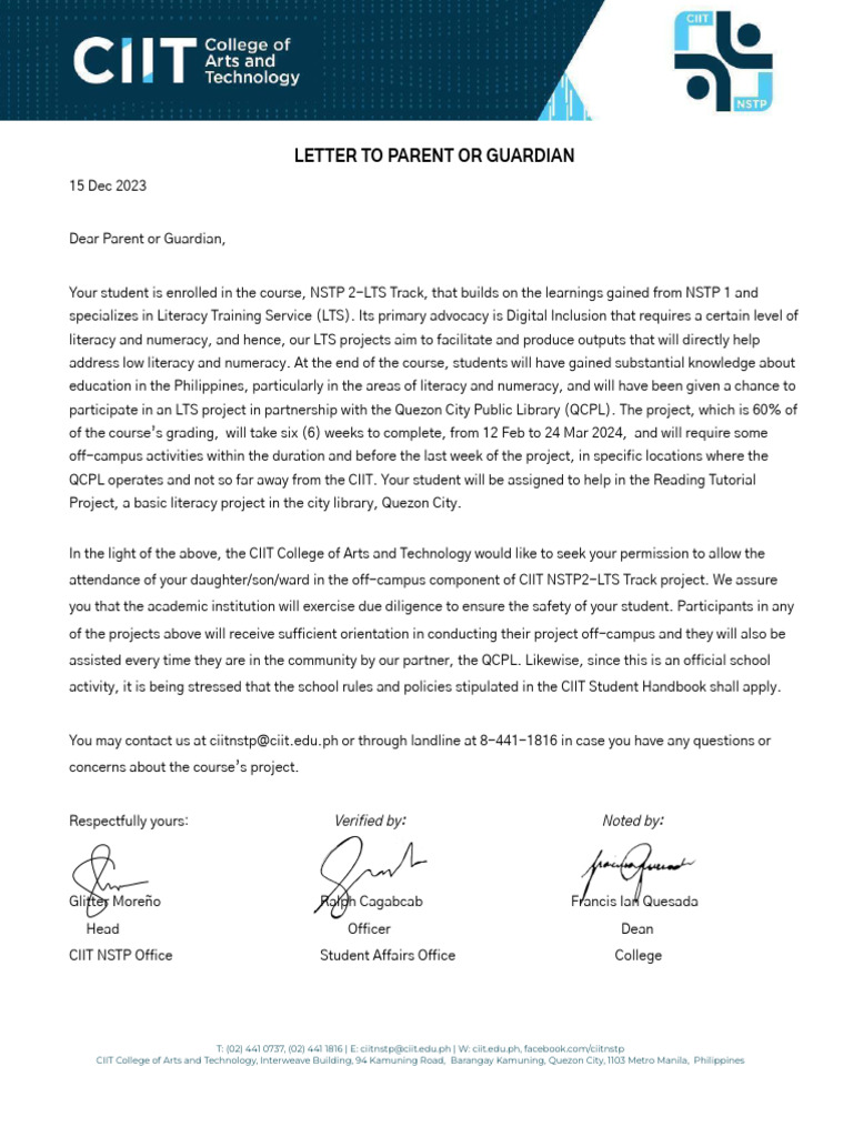 For Reading Tutorial City Library. LTS-Letter To Parents & Guardians ...