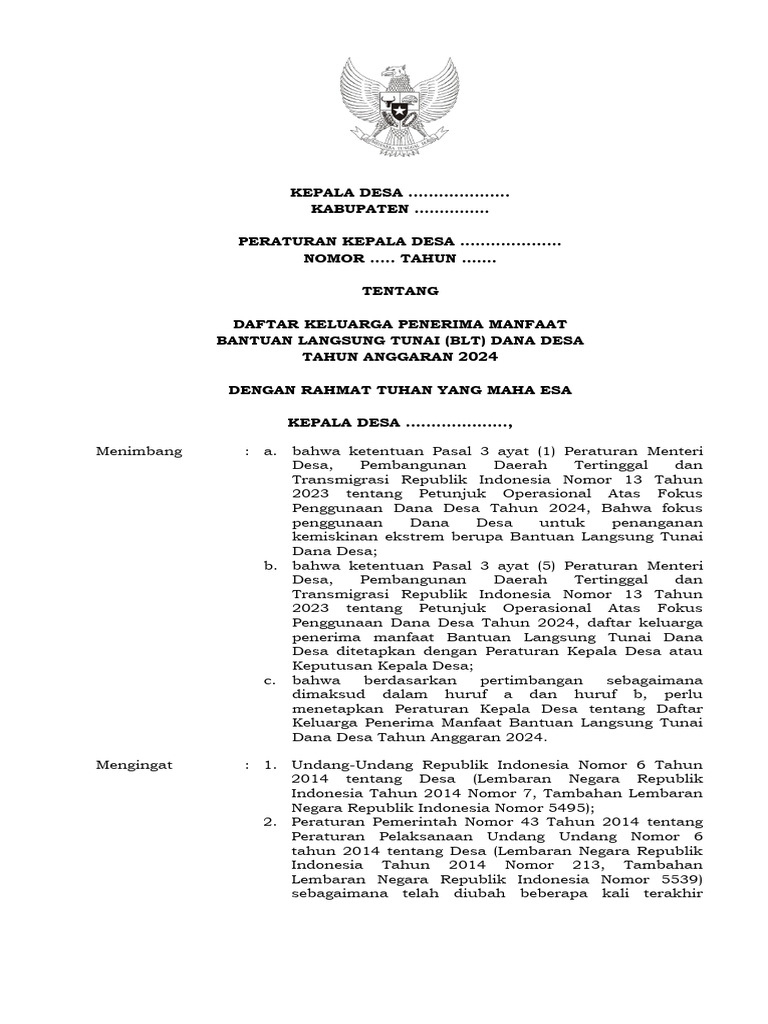 Contoh Format Perkades Blt Dana Desa Tahun Anggaran 2024 | PDF