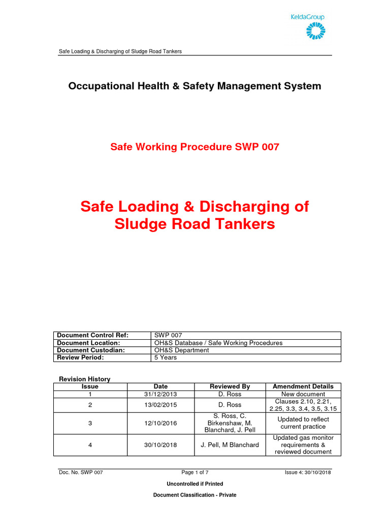 Appendix K YW Safe Loading - Discharging of Sludge Road Tankers | PDF