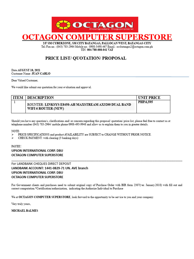 Octagon Computer Superstore Batangas Contact | PDF | Finance & Money ...